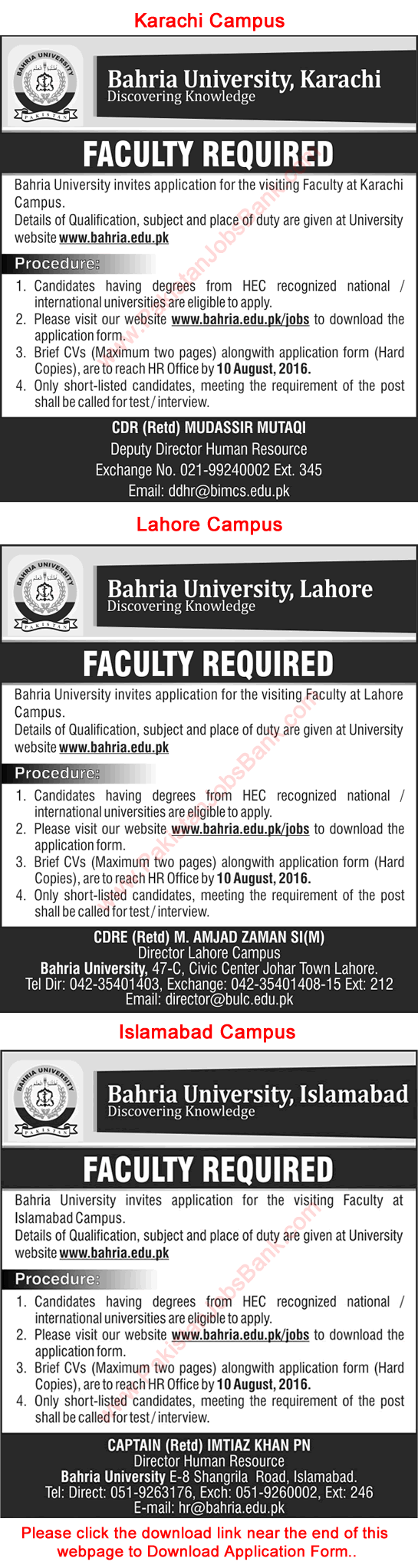 Bahria University Jobs July 2016 August Application Form Teaching